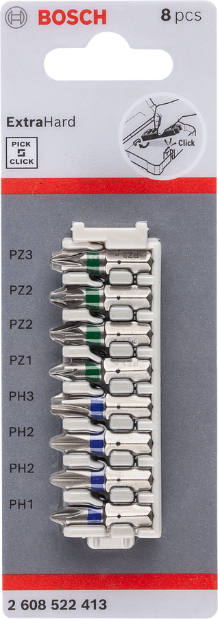 Pick & Click Extra Hard Screwdriver Bit Pack, 8-piece - Bosch Professional